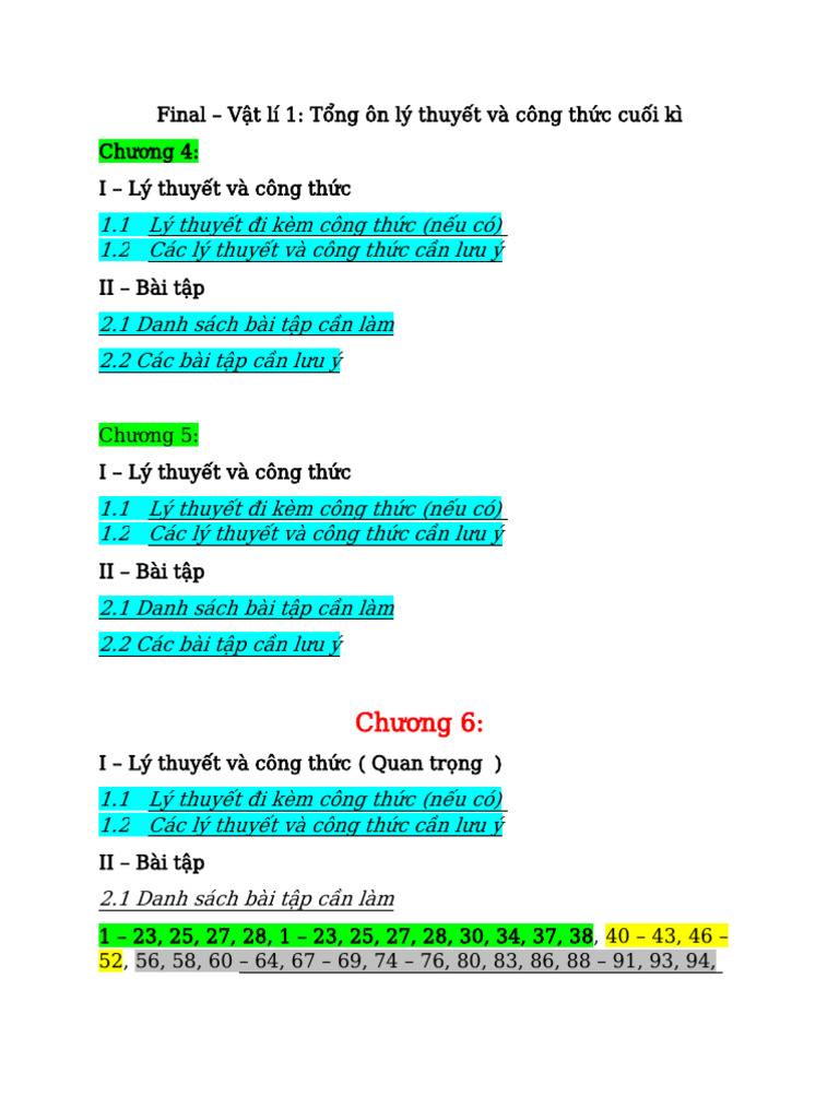 Tổng ôn cuối kì VL1 | PDF