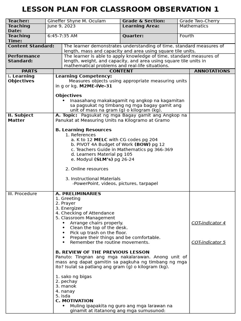 Lesson Plan For Classroom Observation 1 | PDF