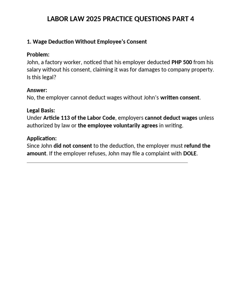 Labor Law Practice Questions 2025 | PDF | Employment | Labour Law