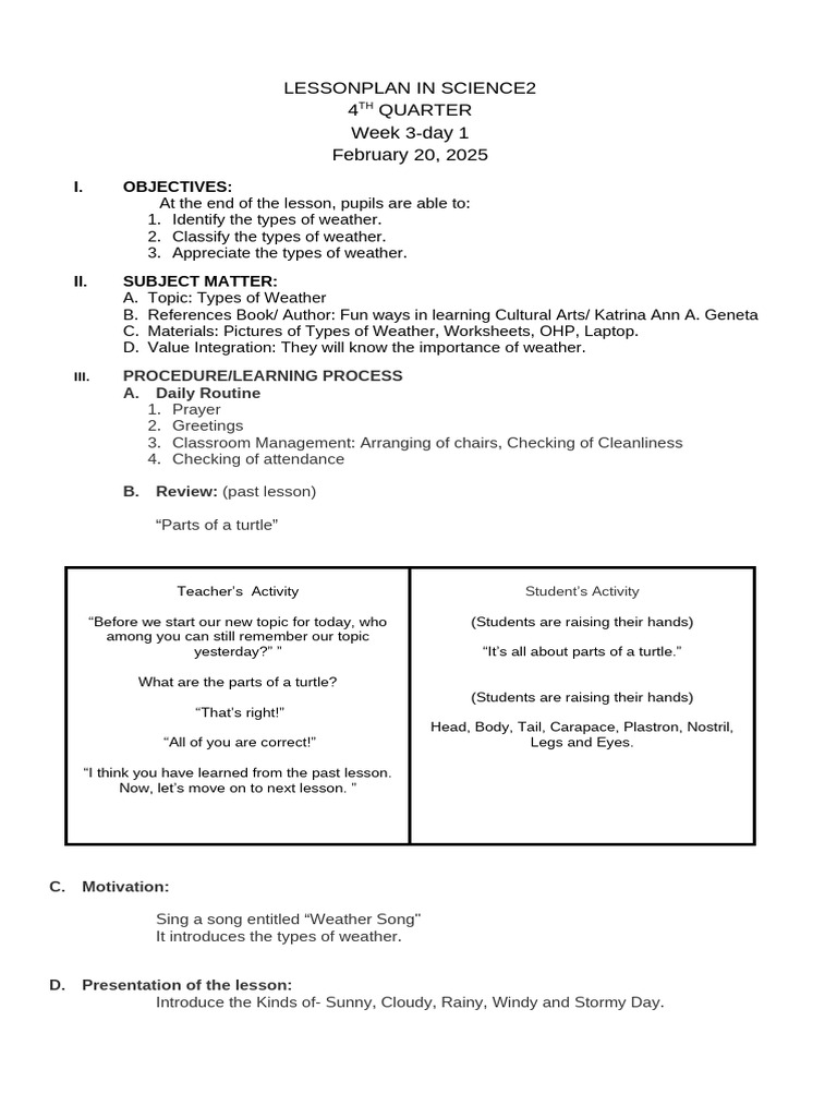 Lesson Plan in Science Types of Weather 2 | PDF | Learning