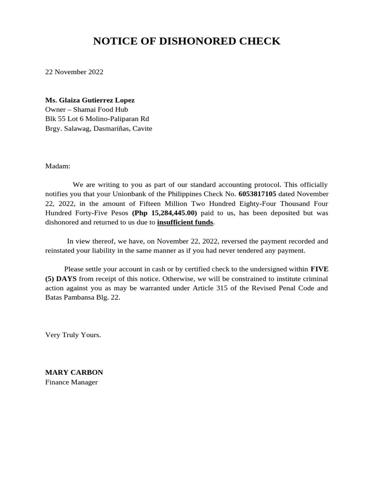 Notice of Dishonored Checks | PDF