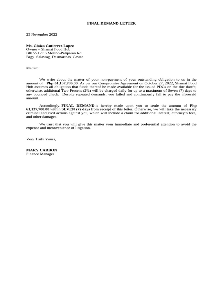 Final Demand for Payment Notice | PDF