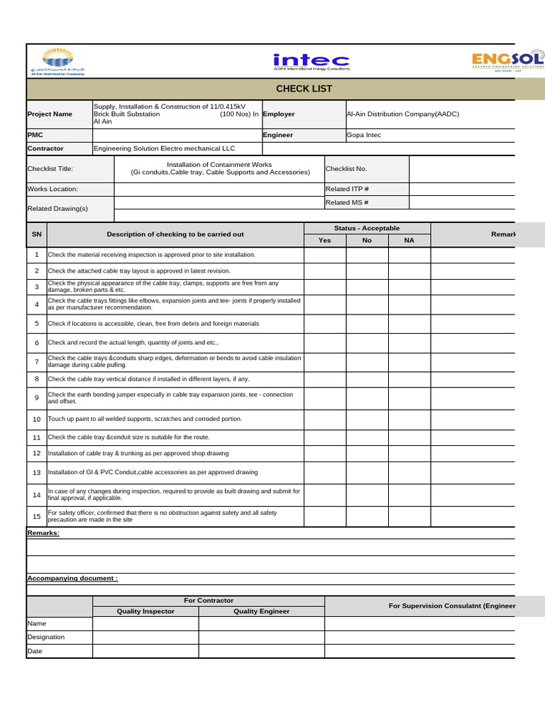 (4) Checklist Installation of Cable tray Supprots & Accessories | PDF | Building Engineering