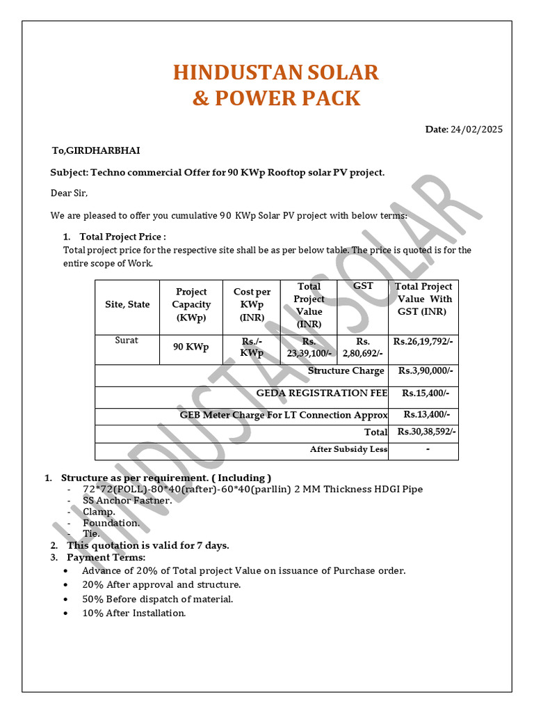 90 KW Solar Rooftop System Quotation | PDF | Photovoltaic System ...