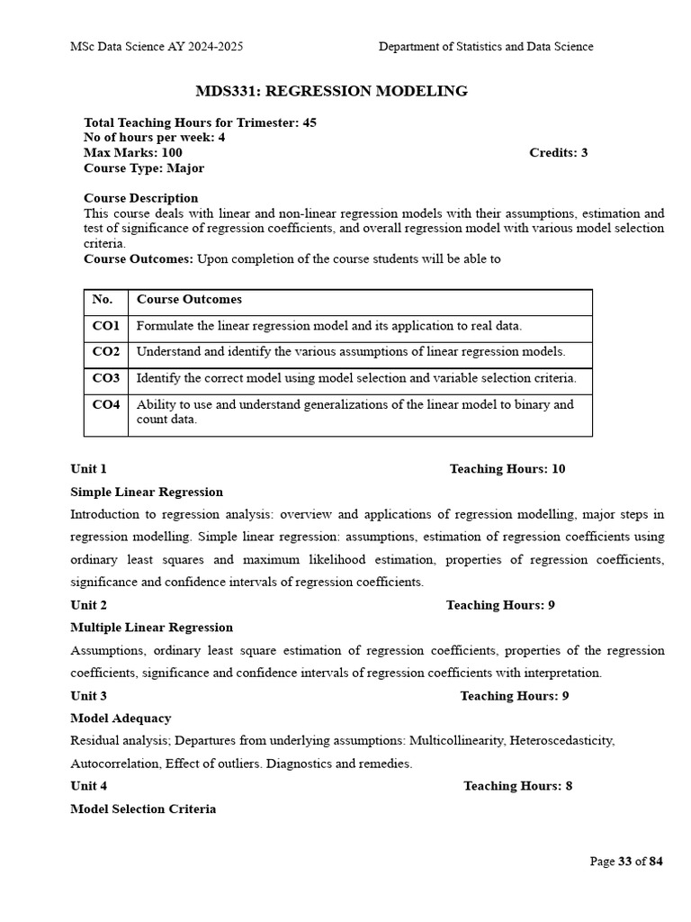 MDS331 Regression Modelling Syllabus | PDF | Regression Analysis | Linear Regression