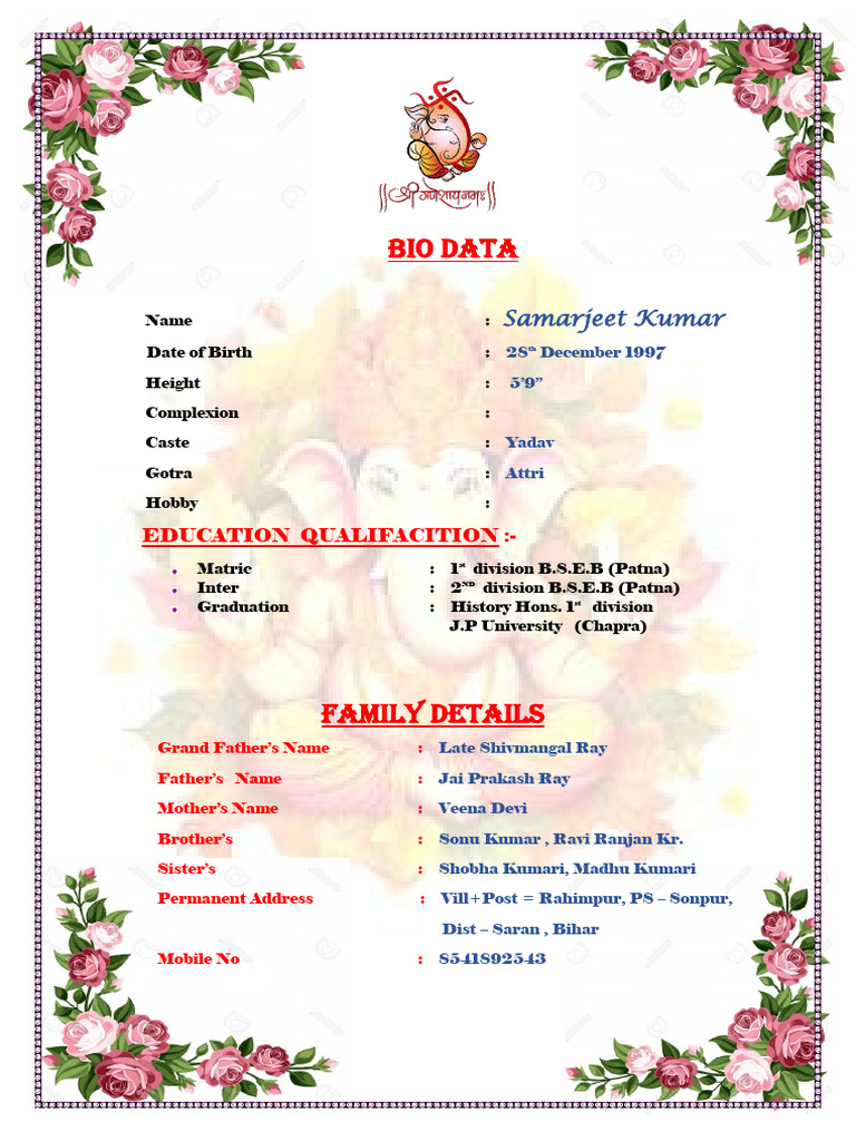Samarjeet Kumar's Bio Data Summary | PDF