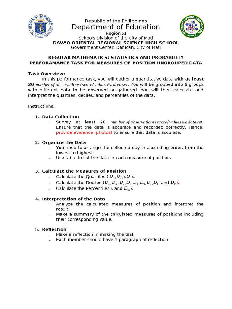 Performance Task: Statistics Overview | PDF | Data | Quartile