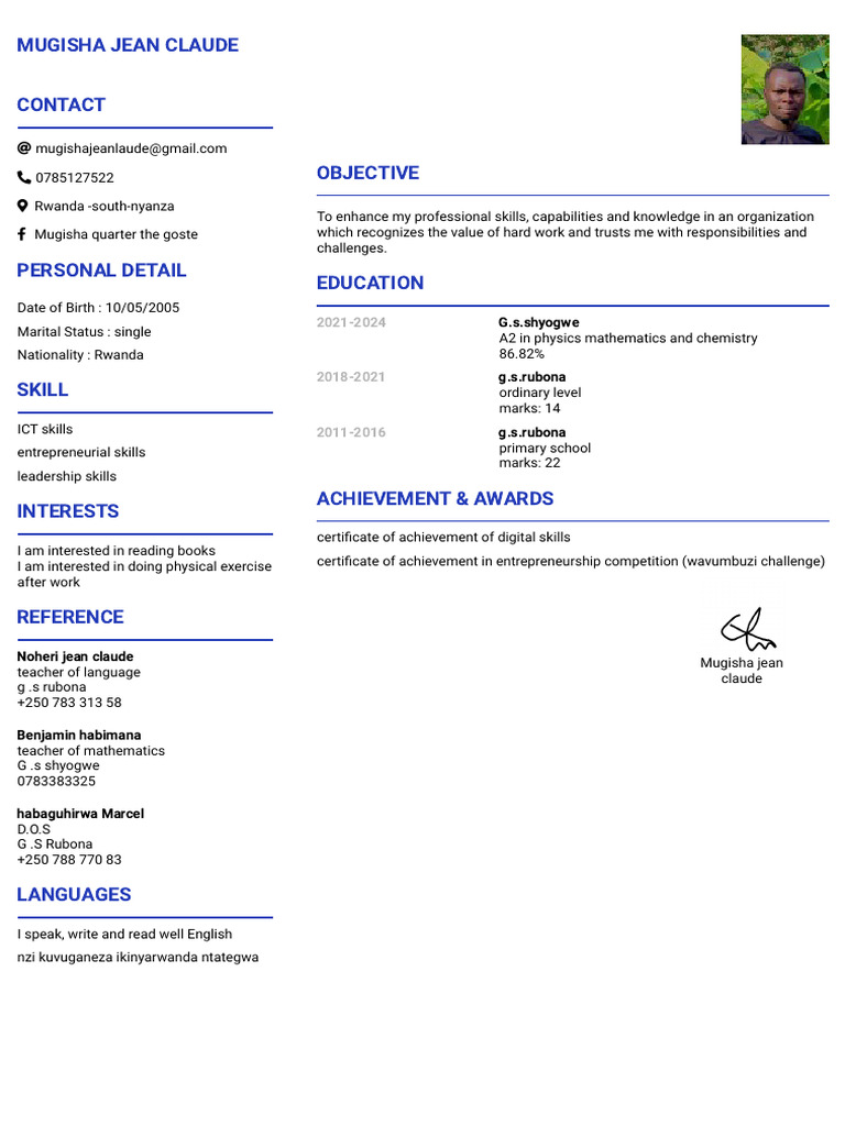 Mugisha Jean Claude's CV and Skills | PDF