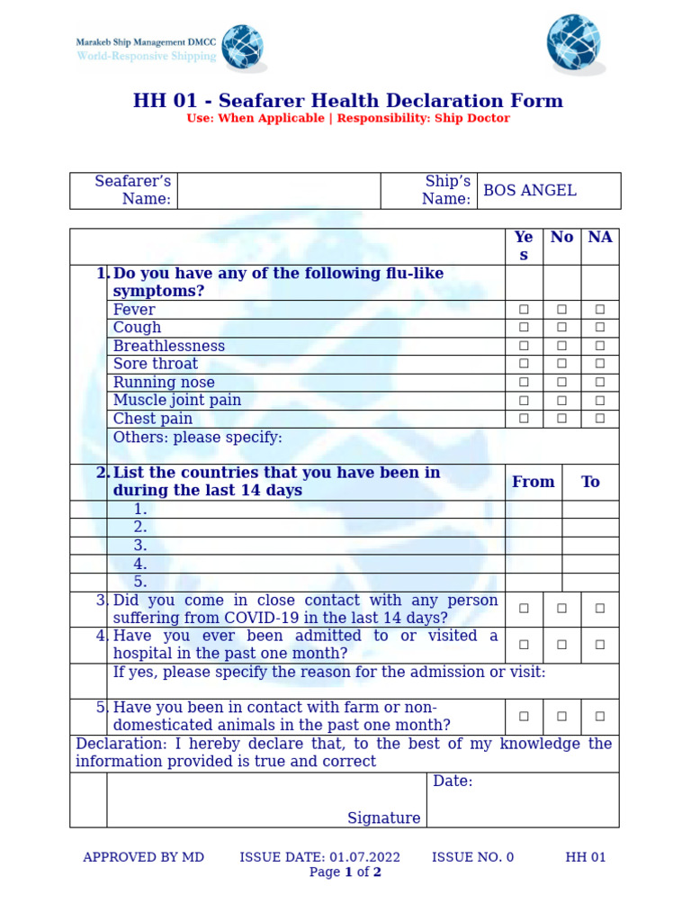 HH 01 Seafarer Health Declaration Form | PDF | Human Diseases And ...