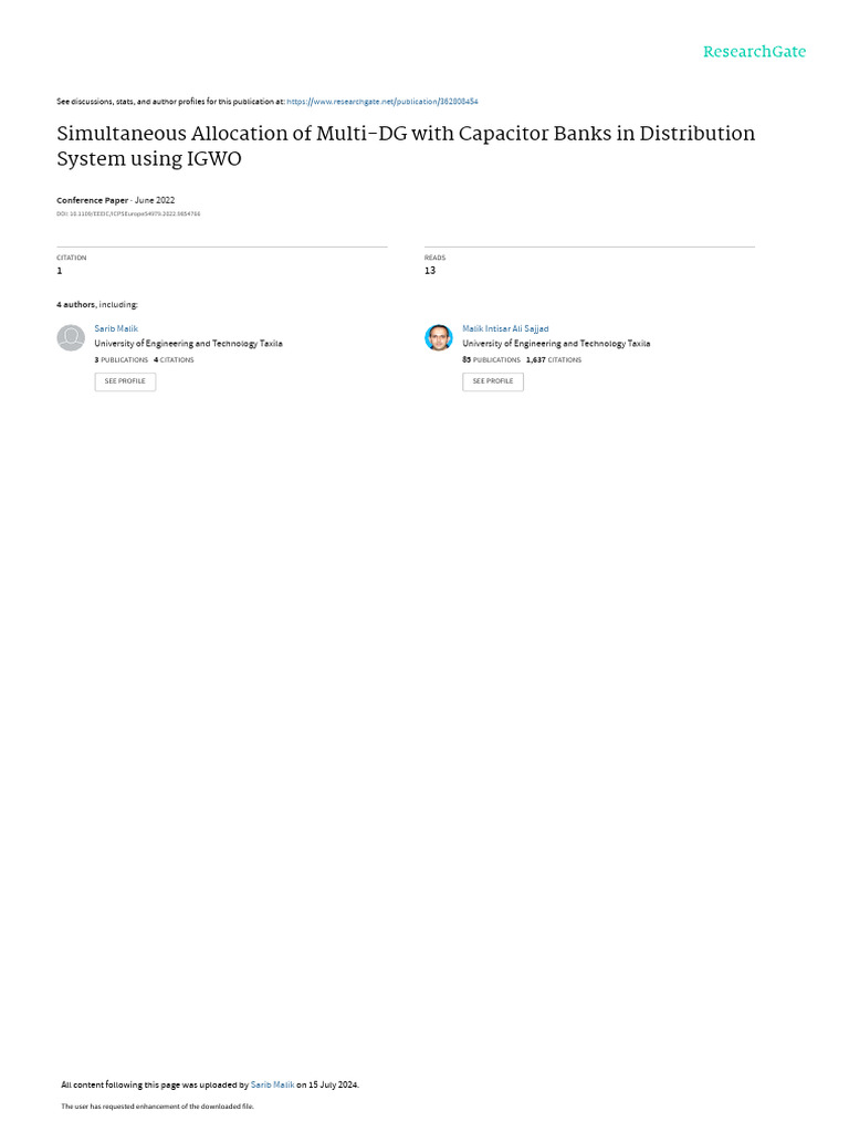 Simultaneous Allocation Of Multi Dg With Capacitor Banks In Distribution System Using Igwo Pdf