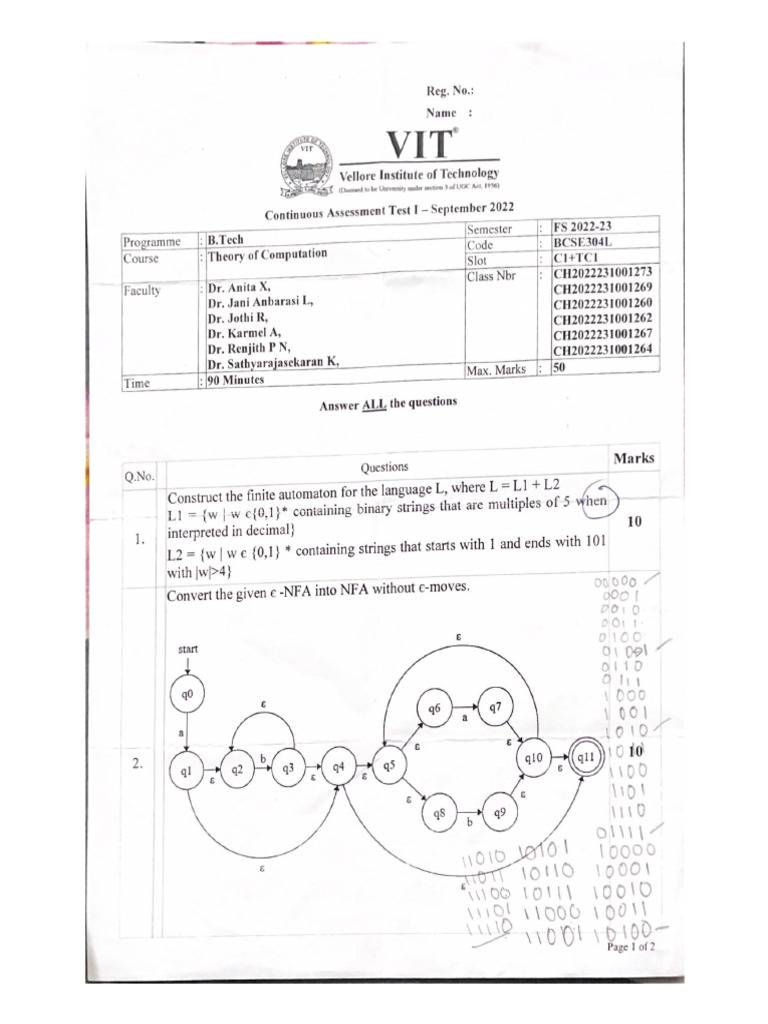 Theory of Computation Cat-1 Morning | PDF