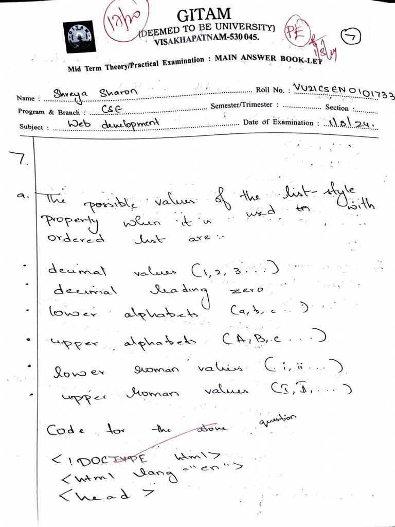 GITAM University Examination Answer Book | PDF