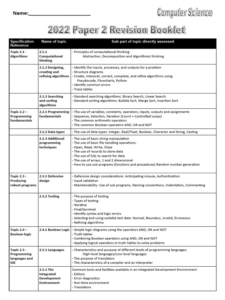 J277 - 2022 Revision Booklet - Paper 2 | PDF | Algorithms | Integrated ...