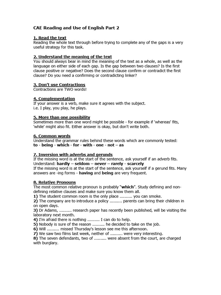 CAE Reading and Use of English Tips | PDF | Clause | Subject (Grammar)