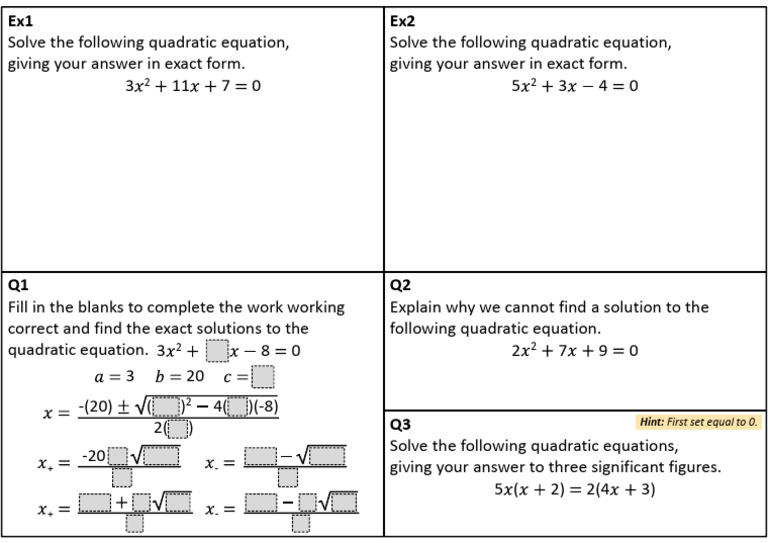 Quadratic Equations Worksheet Part 1 | PDF