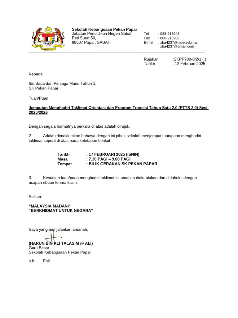 SURAT JEMPUTAN TAKLIMAT TAHUN 1 | PDF