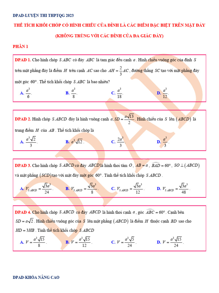Bài 6 - Thể tích khối chóp có hình chiếu trên đáy | PDF