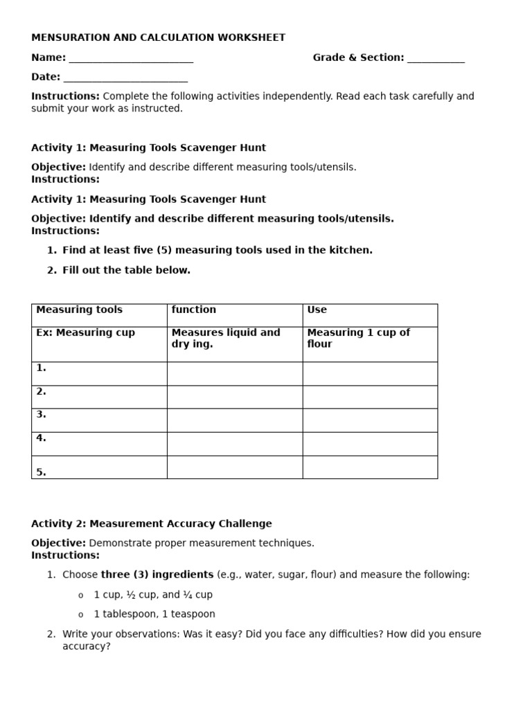 Mensuration and Calculation Worksheet | PDF | Tablespoon | Cuisine