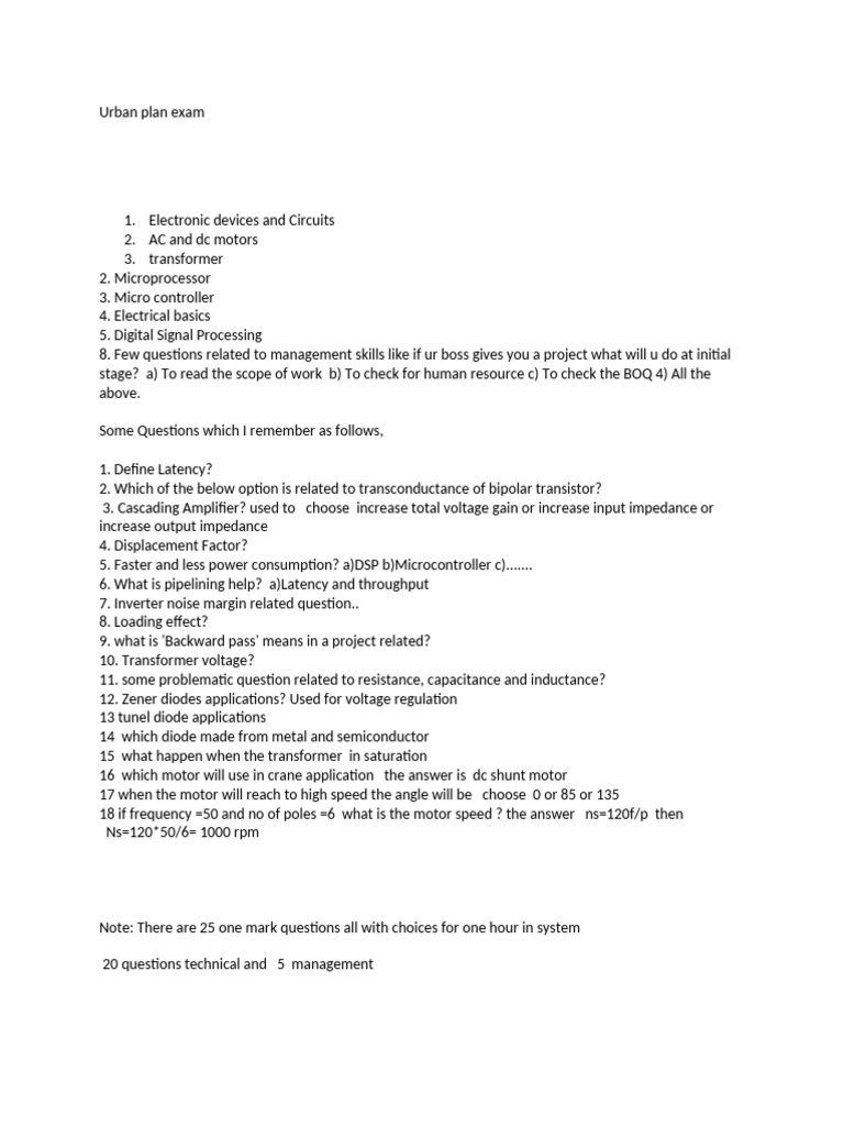 Urban Plan Exam: Technical & Management Questions | PDF