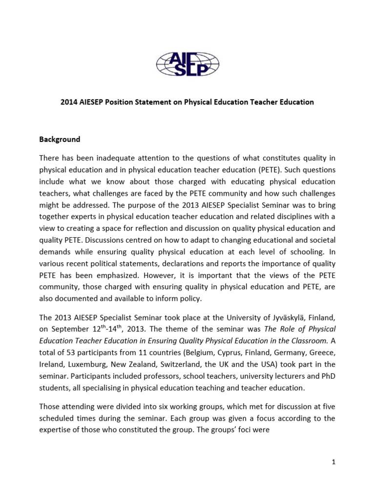 2014 AIESEP Position Statement On Physical Education Teacher Education ...