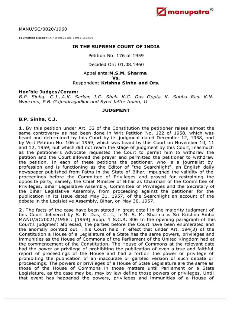 MSM Sharma vs. Krishna Sinha and Ors | PDF | Judgment (Law ...