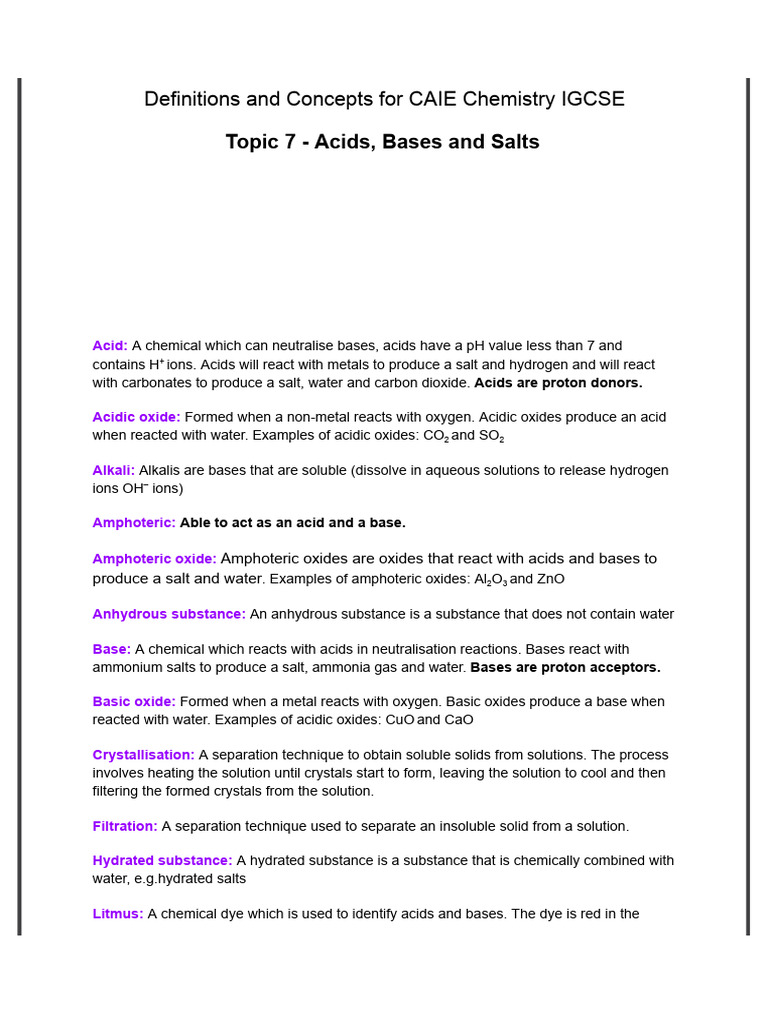 CAIE IGCSE Chemistry: Acids & Bases Guide | PDF | Acid | Ph