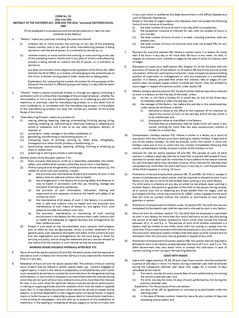 FORM 33 The Abstract Under The Factories Act, 1948 and The Goa ...