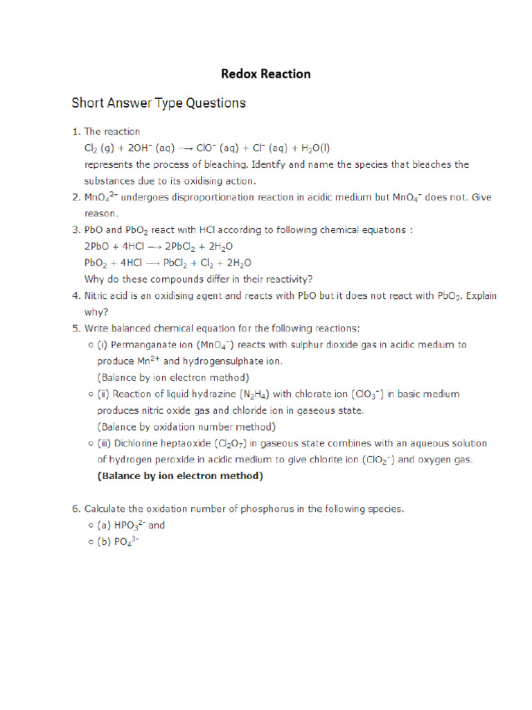 Question Bank On Redox Reaction Class 11 PDF Download | PDF