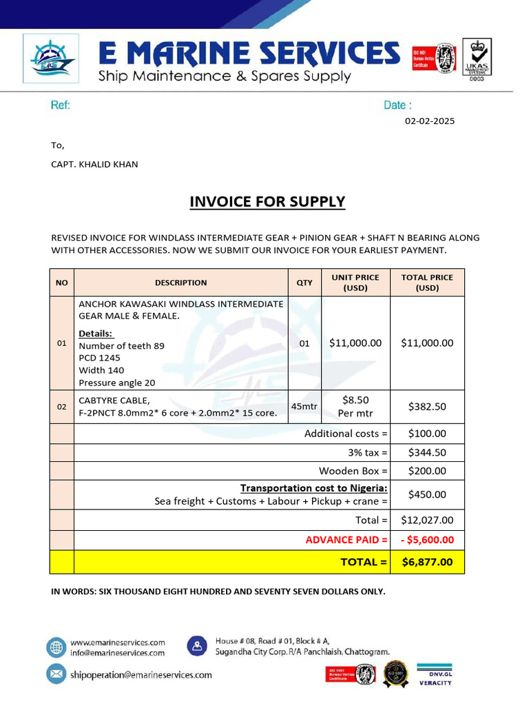 Khalid Khan - Revised Invoice For Supply | PDF