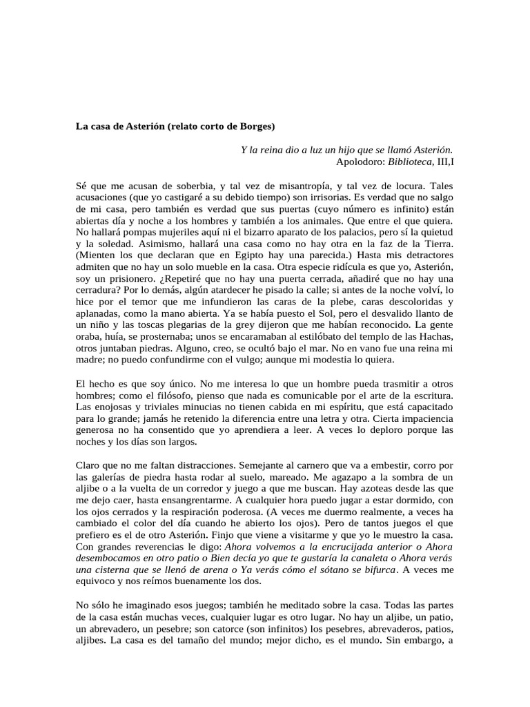 La casa de Asterión: Relato de Borges | PDF | Minotauro | Teseo
