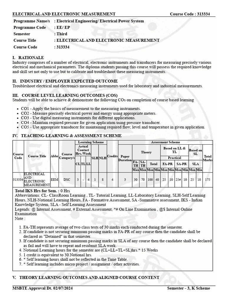 Electrical and Electronic Measurement Course | PDF | Pressure ...