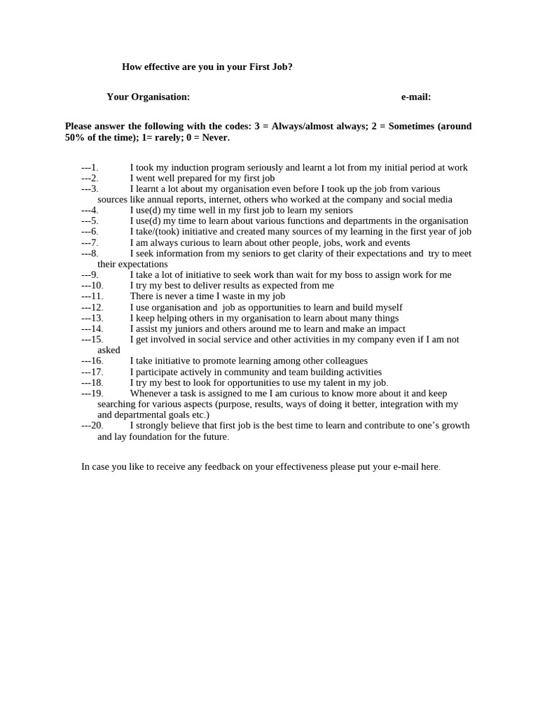 First Job Effectiveness Indicator by T V Rao | PDF