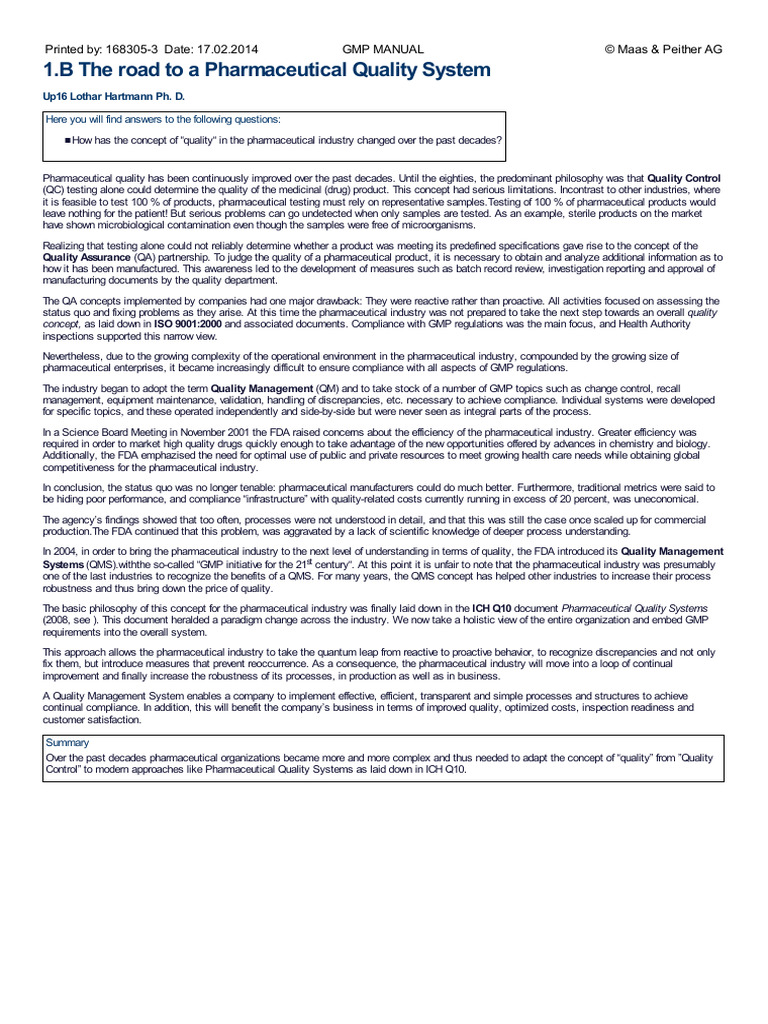 1 B The Road To A PQS | PDF | Quality Management System | Food And Drug ...