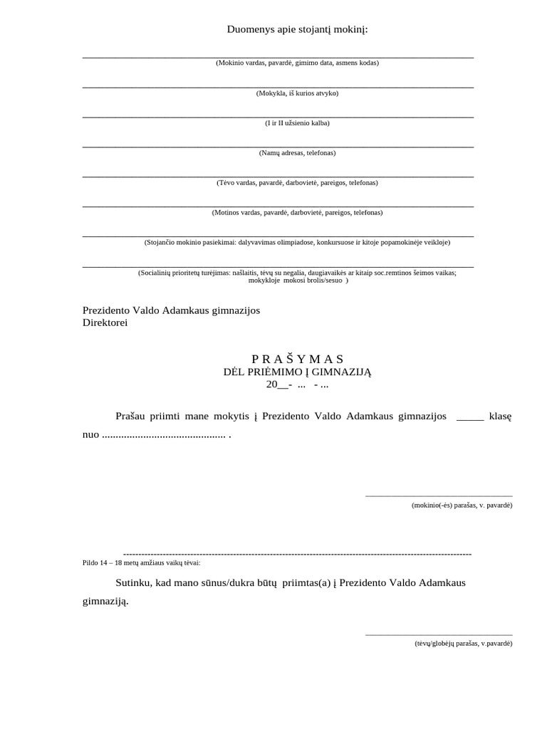 Mokiniu Prasymas Del Priemimo Mokytis | PDF