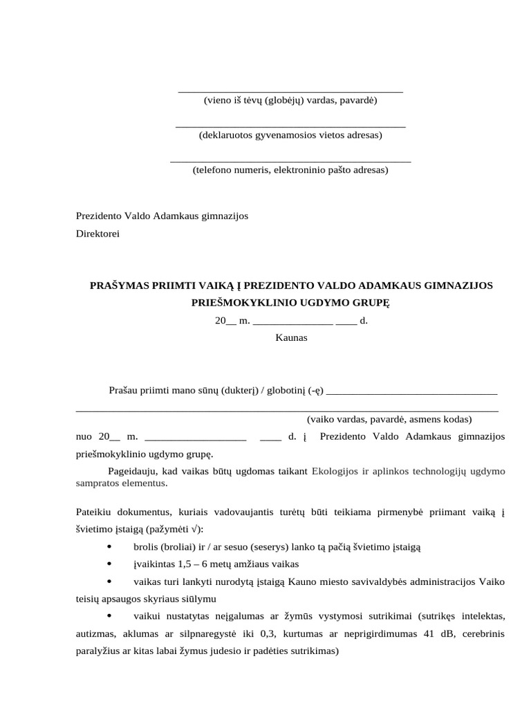 Priemimo I Priesmokyklinio Ugdymo Grupe Prasymas | PDF