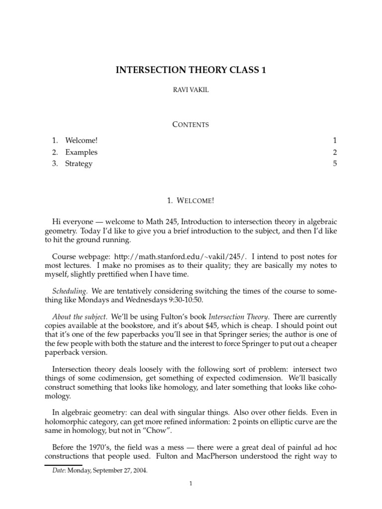 Intersection Theory Class 1: Ravi Vakil | PDF | Ring (Mathematics) | Mathematical Structures