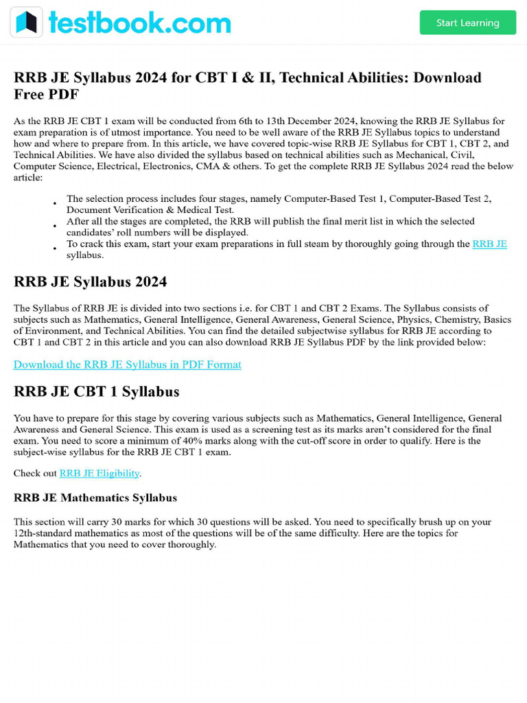RRB JE Syllabus 2024 For CBT I & II, Technical Abilities - Download Free PDF | PDF