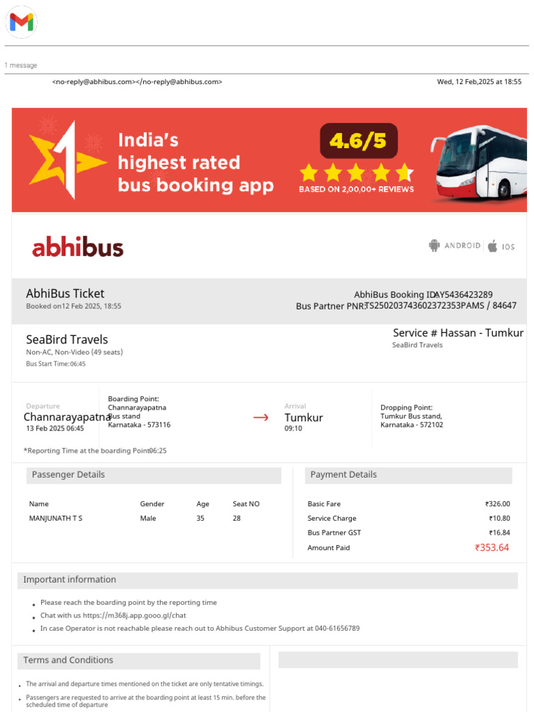 Gmail - Ticket For Bangalore-Shivmoga - Edited | PDF | Public Transport ...