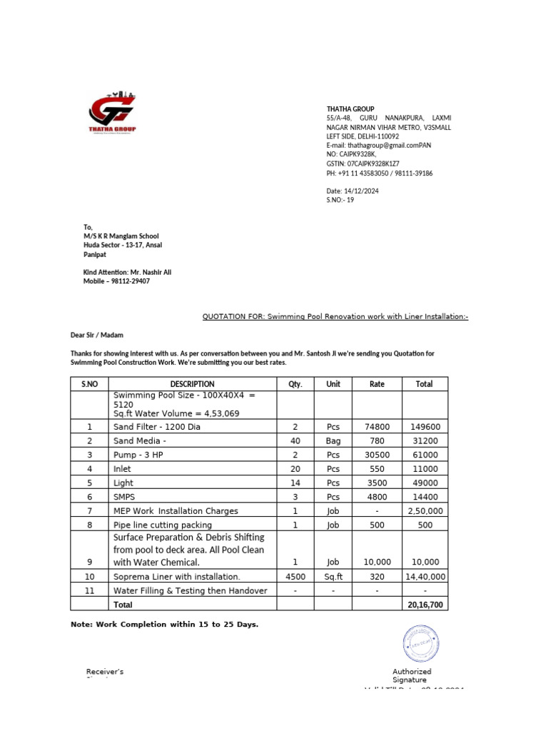 Mr. Nashir Ali - K R Manglam School - Swimming Pool Liner Quotation | PDF