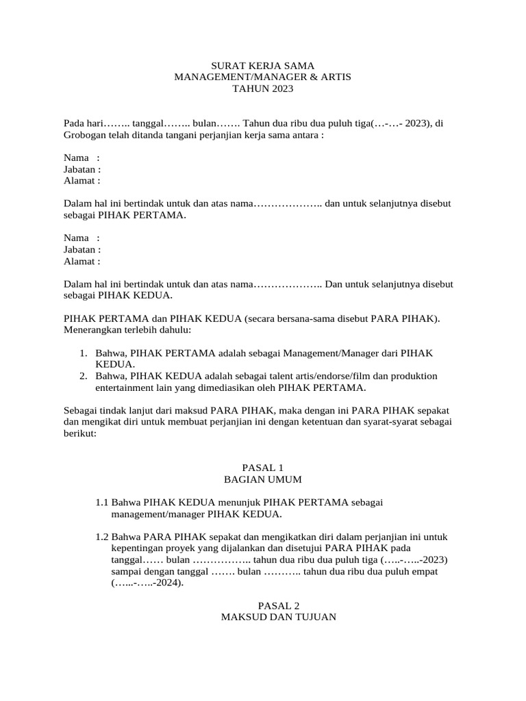 Surat Kerja Sama Manager & Artis | PDF