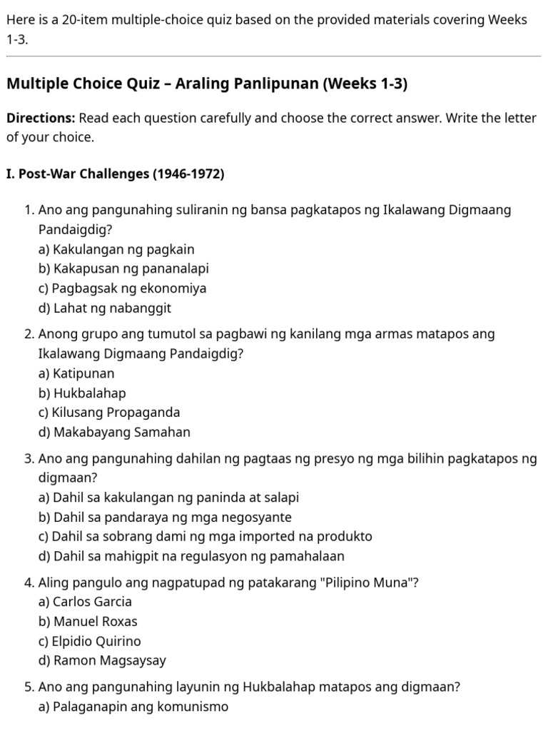 Araling Panlipunan Quiz | PDF