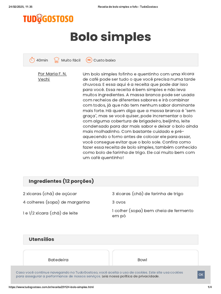 Receita de Bolo Simples e Fofo - TudoGostoso | PDF