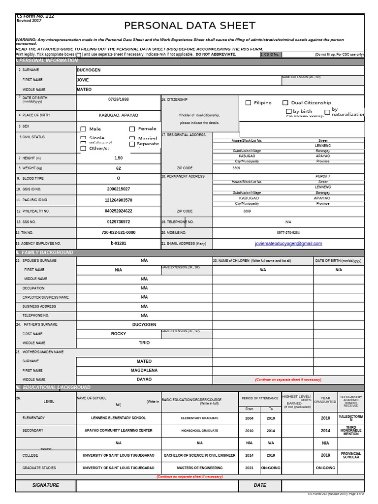 CS Form No. 212 Personal Data Sheet Revised | PDF | Government | Justice