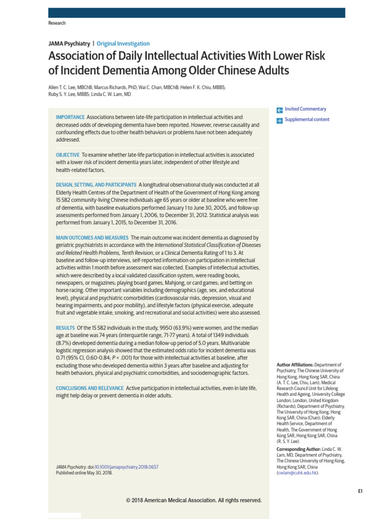 2018 Jama Intellectual Activities Reducie Dementira Risk | PDF ...
