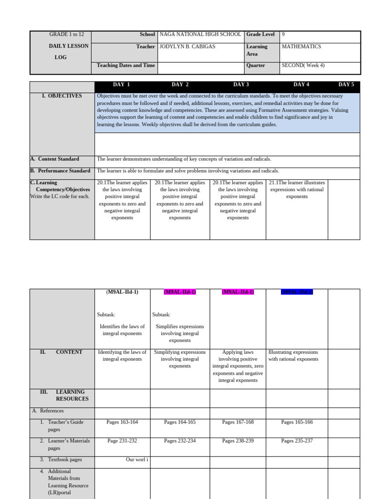 Math 9 2nd Q DLL 4th Week 1 | PDF | Learning | Behavior Modification