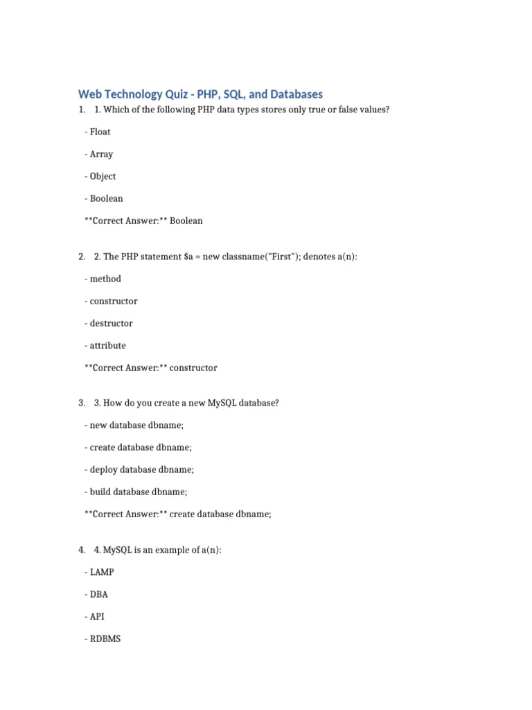 PHP & SQL Quiz: Key Concepts | PDF