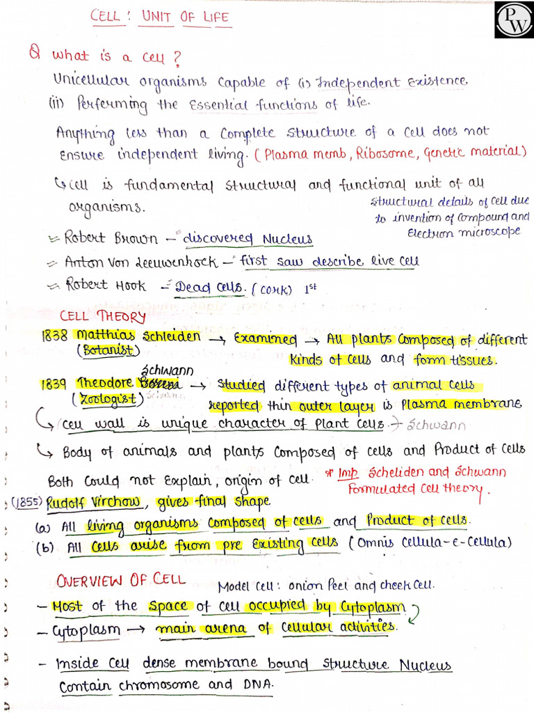 Cell - The Unit of Life - Handwritten Notes - Yakeen Fastrack 2023 | PDF