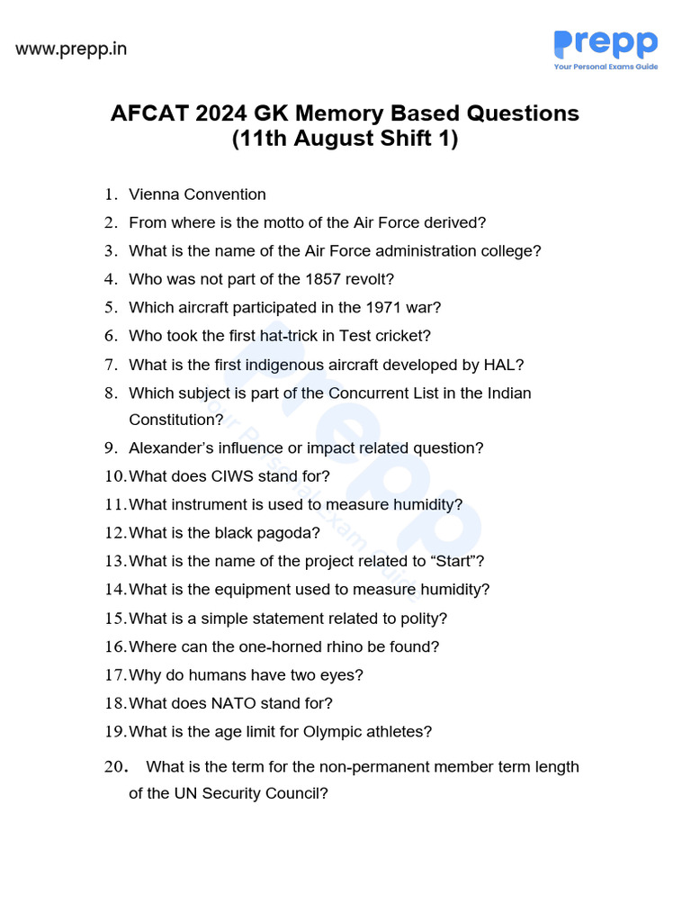 AFCAT 2 Memory Based Questions PDF Aug 11 2024 Shift 1 ...