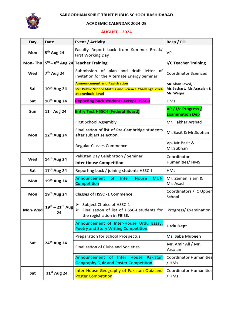 SST Public School Academic Calendar 2024-25 | PDF | Qualifications ...