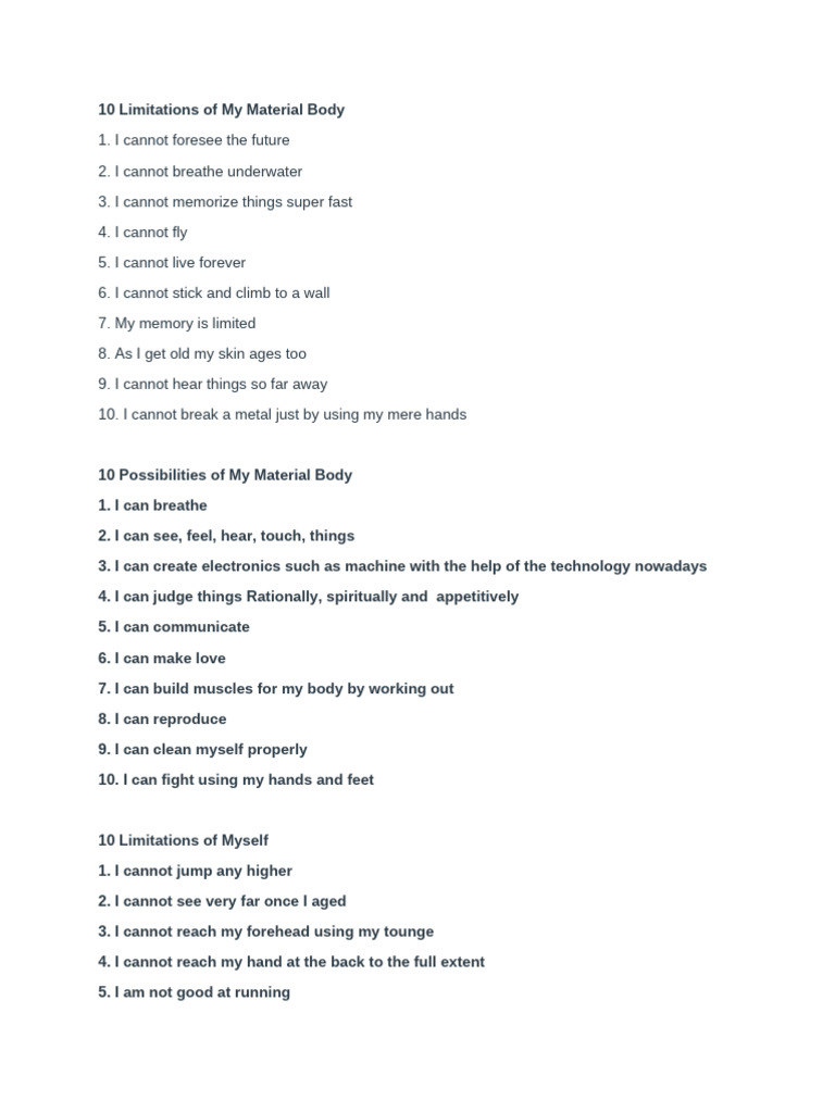 10 Limitations of My Material Body Guide | PDF